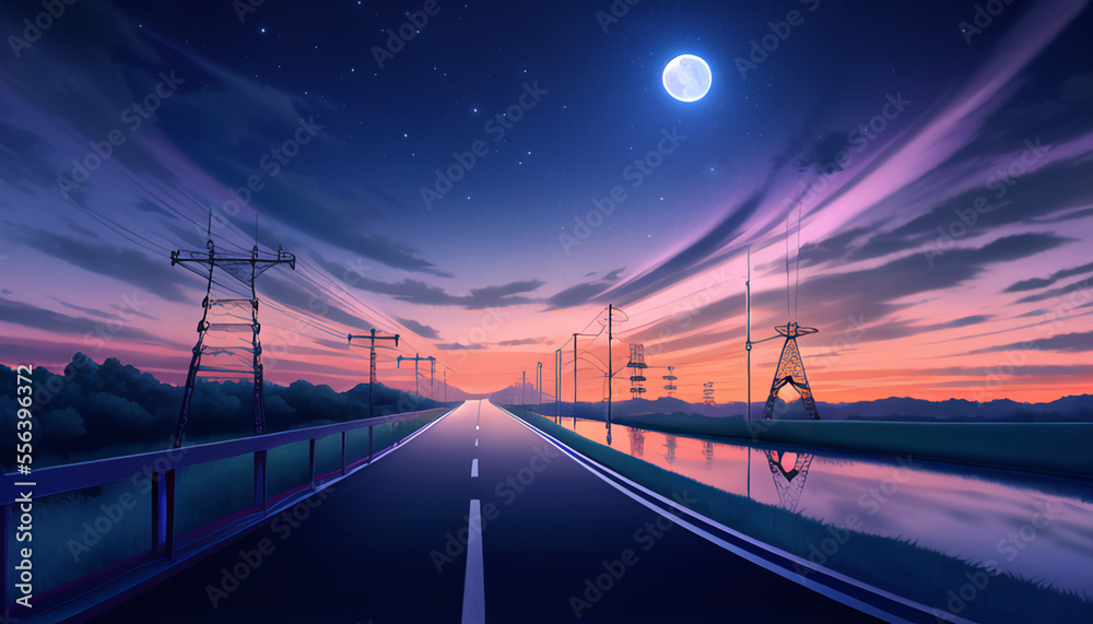 Drawing of the night road. A beautiful sky with the moon and stars ...