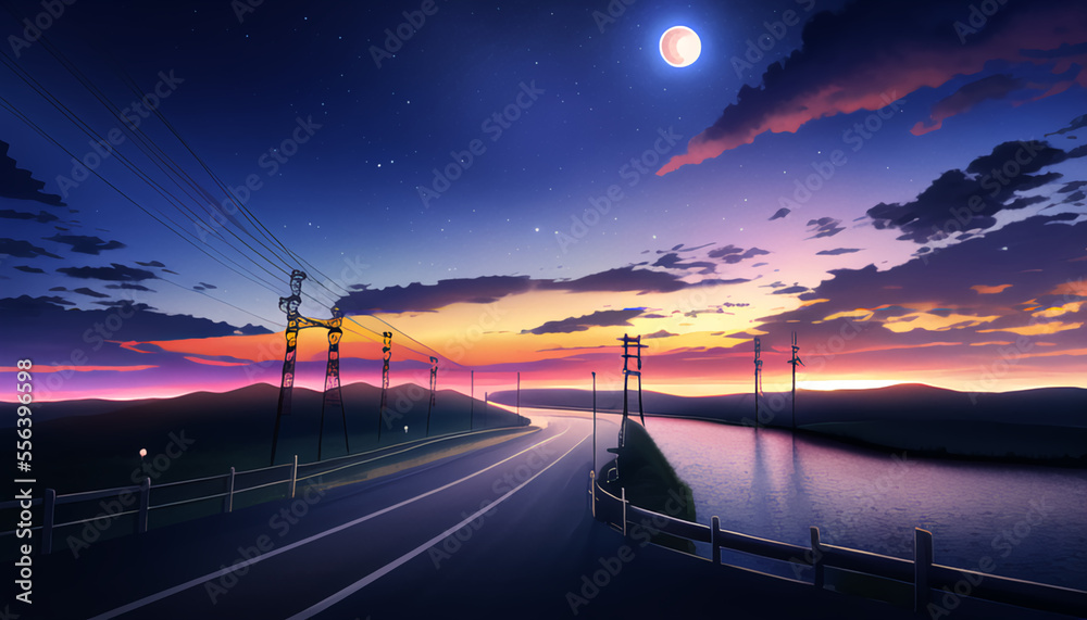 Drawing of the night road. A beautiful sky with the moon and stars ...