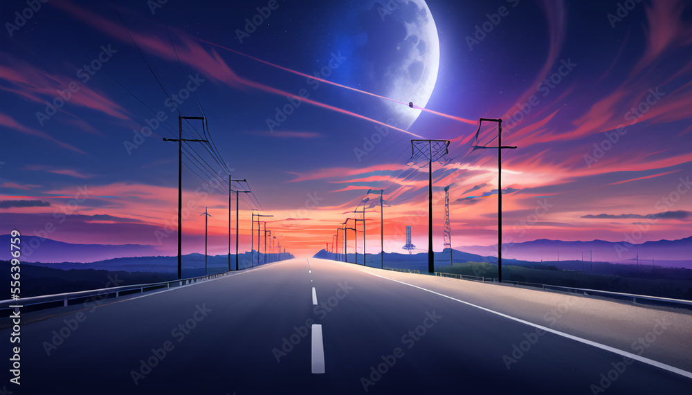 Drawing of the night road. A beautiful sky with the moon and stars ...