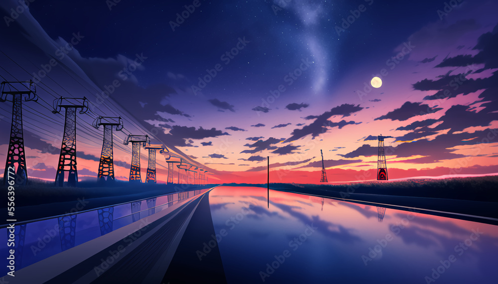 Drawing of the night road. A beautiful sky with the moon and stars ...