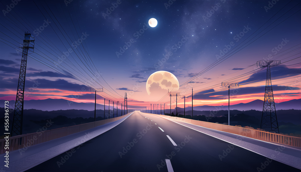 Drawing of the night road. A beautiful sky with the moon and stars ...
