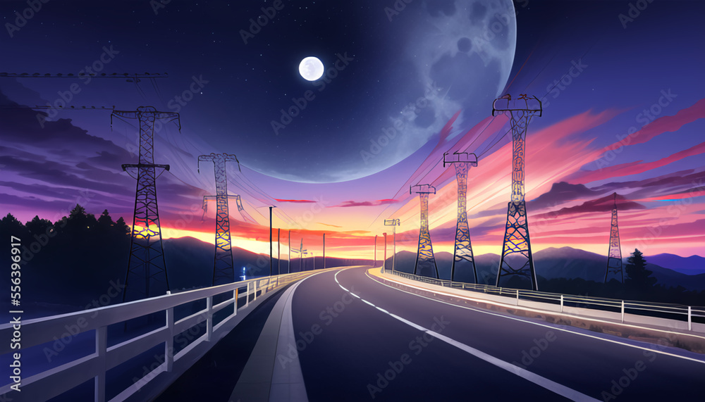 Drawing of the night road. A beautiful sky with the moon and stars ...
