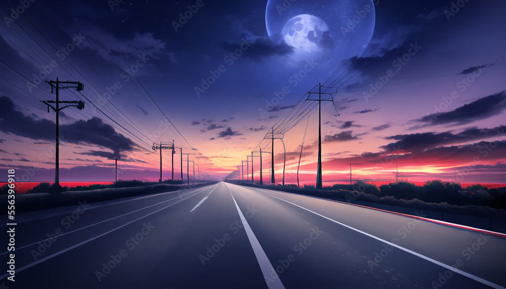 Drawing of the night road. A beautiful sky with the moon and stars ...