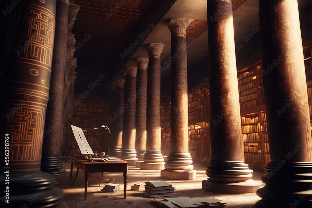 generative AI : inside of the ancient library at Alexandria. Huge racks ...