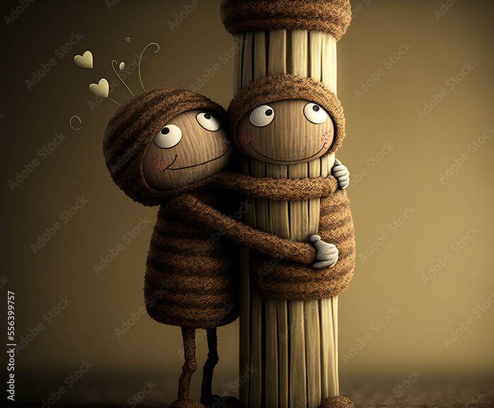 two felt and rubbers characters hugging, giving hugs to each others ...
