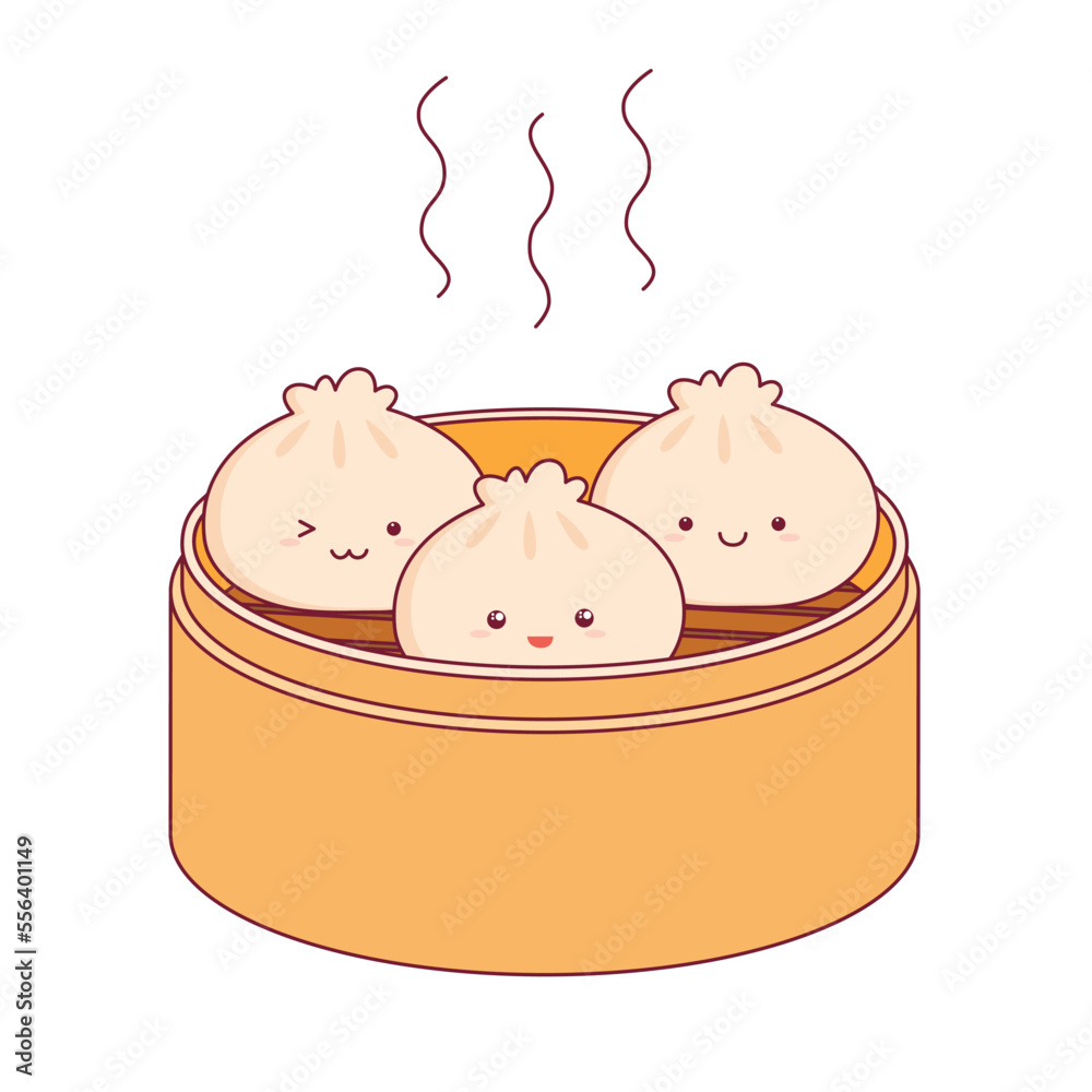 Cute happy smiling dim sum. Vector flat cartoon character illustration ... Cute happy smiling dim sum. Vector flat cartoon character illustration ...