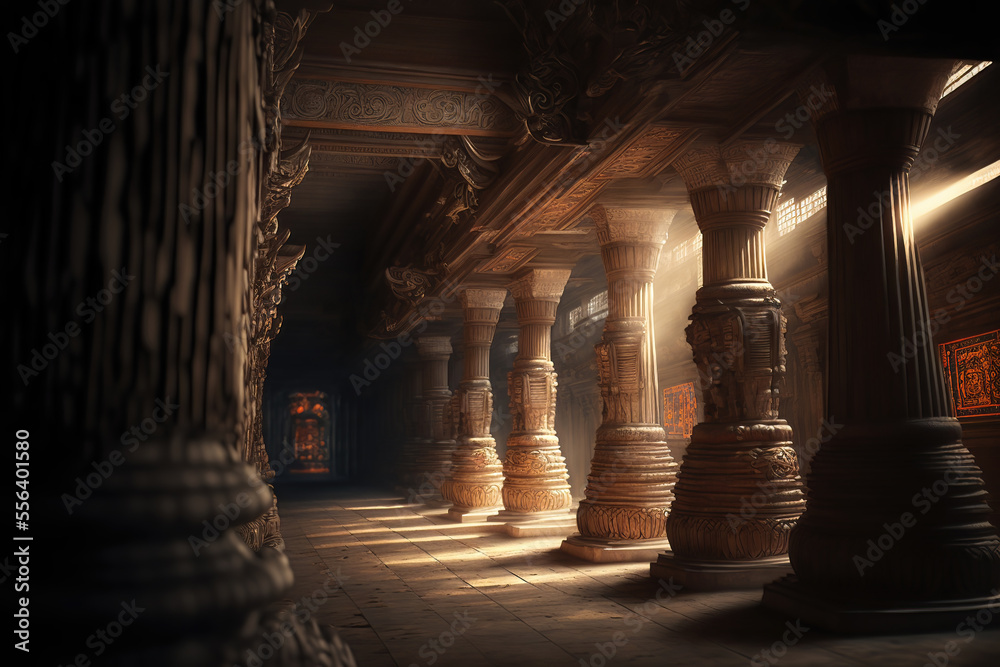 Generative AI : lovely carvings inside the ancient Meenakshi Hindu temple in Madurai, Tamil Nadu ...