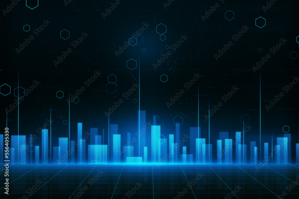 Creative glowing digital city background. Future and technology ...