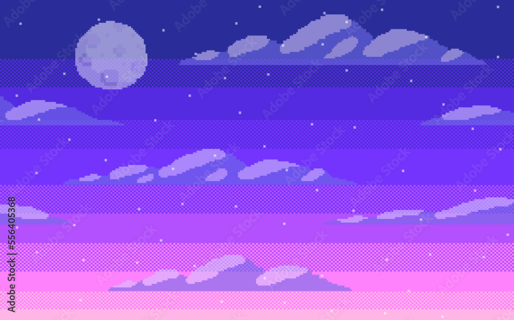 Pixel art starry sky during sunset. The moon with clouds and stars ...