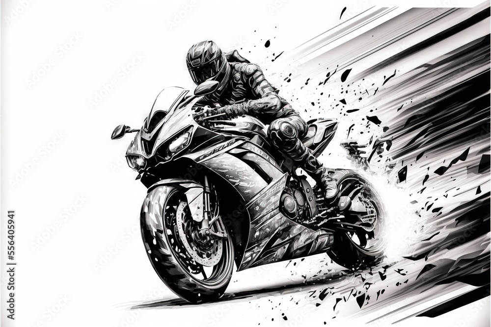 a drawing of a person riding a motorcycle on a track with a splash of ...