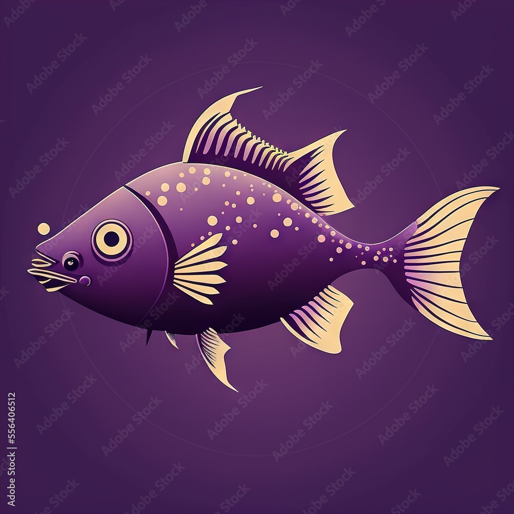 a purple fish with gold spots on it's body and a purple background with ...