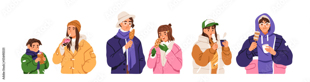 People eat Korean street food set. Characters with traditional snacks ...