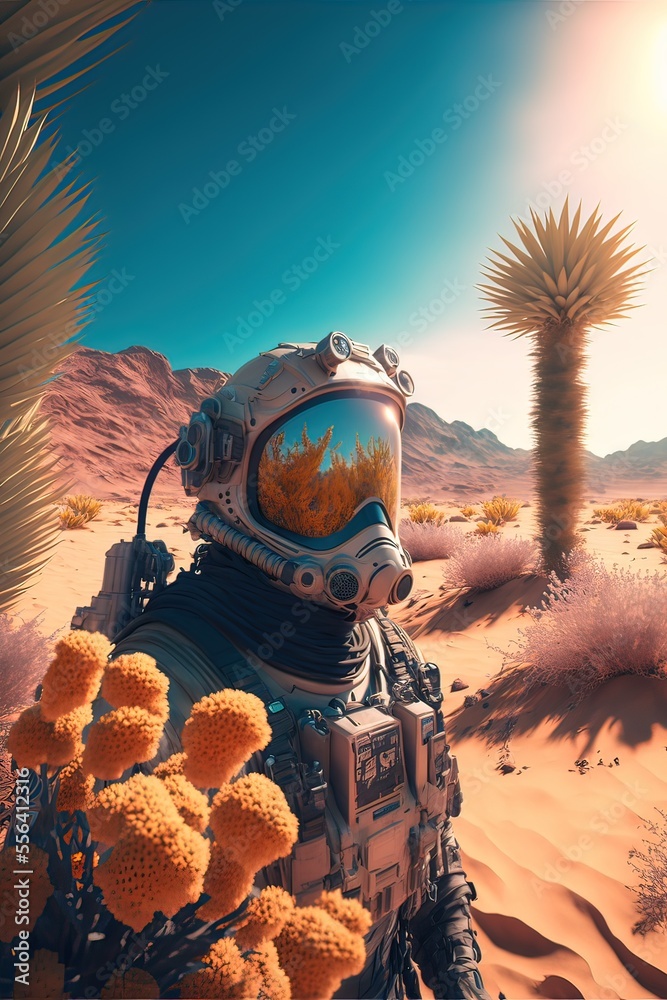Astronaut in a alien planet desert, oasis, strange flora and fauna ...