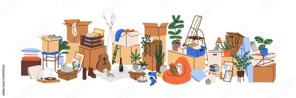Pile of boxes, stuff for relocation. Many packages, packed properties ...