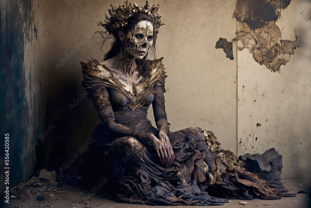 sad female zombie in a horror atmosphere, decaying undead woman ...