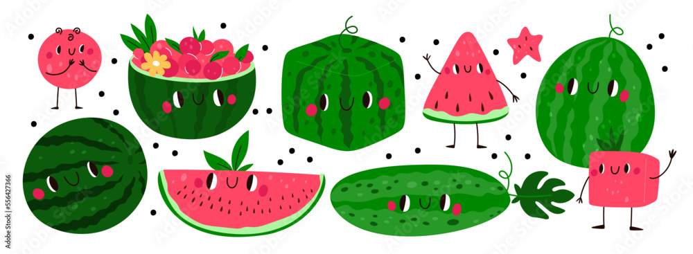 Cartoon watermelon characters. Funny desserts with arms and legs. Cute ...