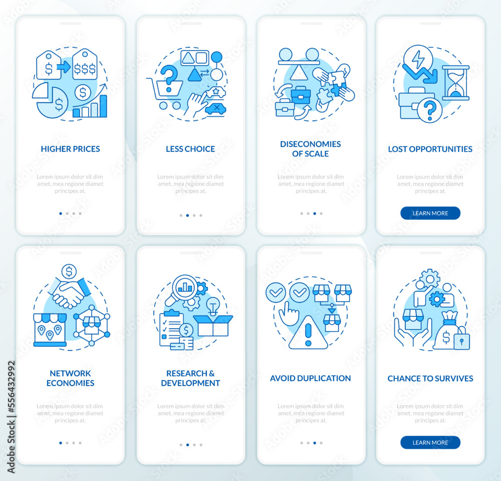 Merge And Acquire Companies Blue Onboarding Mobile App Screen Set Walkthrough 4 Steps Editable