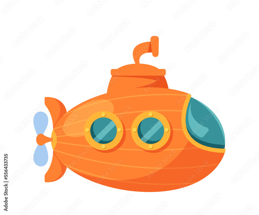 Cartoon Submarine, Orange Colored Underwater Ship Game Asset. Isolated ...