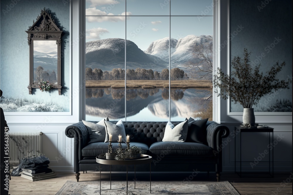 Modern style scandinavian mansion interior with huge windows with sight ...