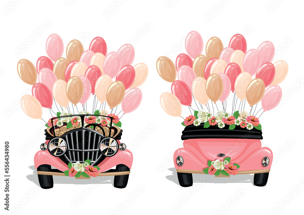 Set of retro wedding car decorated with flowers and balloons, back and ...