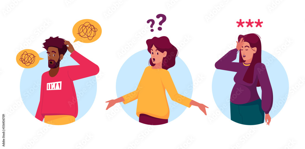 Puzzled People Thinking Isolated Round Icons or Avatars. Confused ...