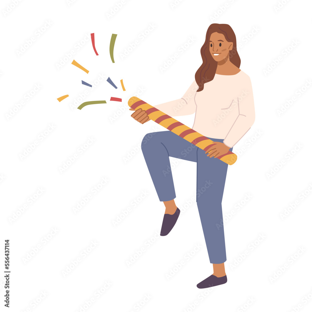 Girl popping confetti, isolated female personage celebrating holiday ...