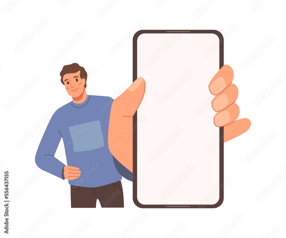 Man with smartphone in hand show empty display. Vector male person hold ...