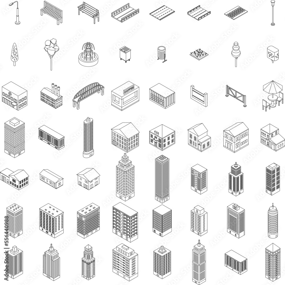 City infrastructure icons set. Isometric set of city infrastructure ...