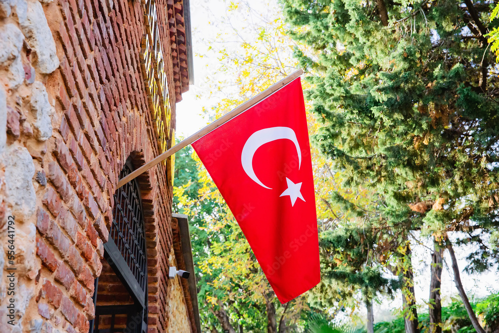 Bright red flag of Turkey. State symbols of Turkiye. Stock Photo ...