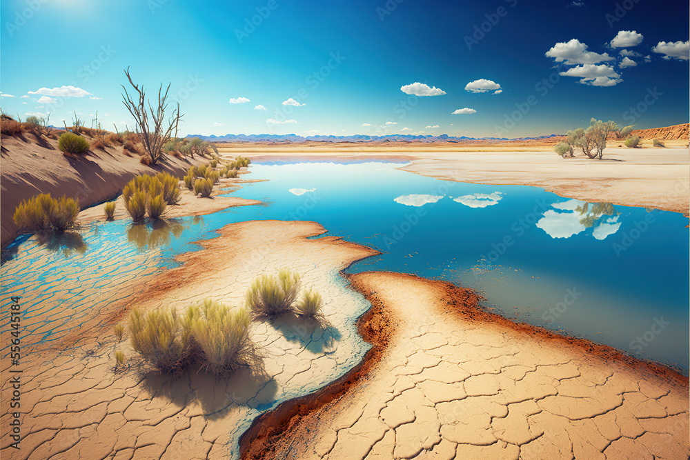Dry lake or river at Drought summer, blue sky , Water crisis and Drouht ...
