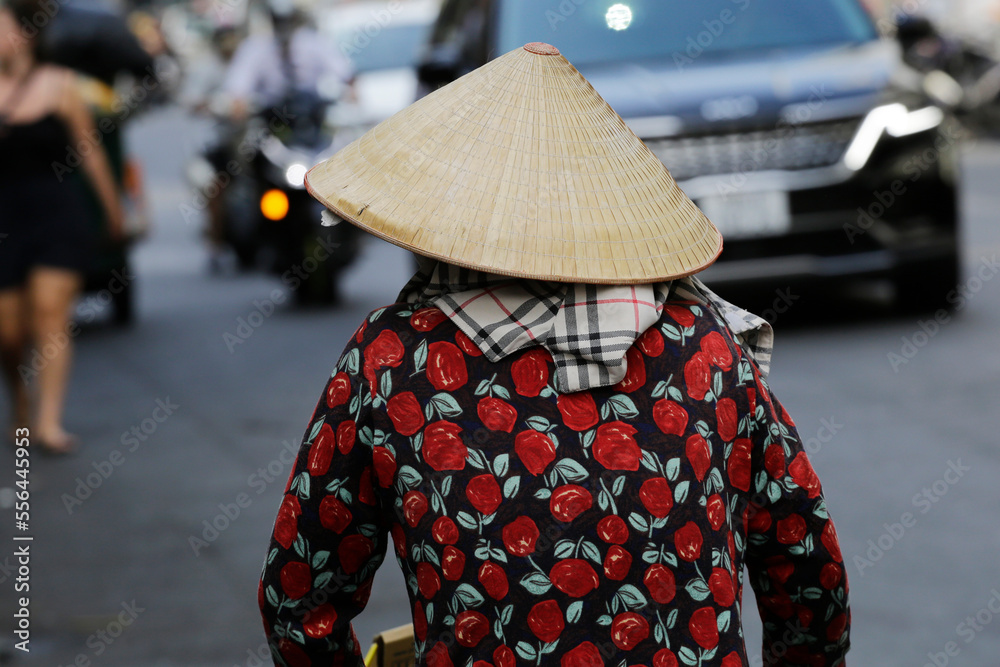 Vietnamese woman wears a traditional conical hat, also known as Non La ...