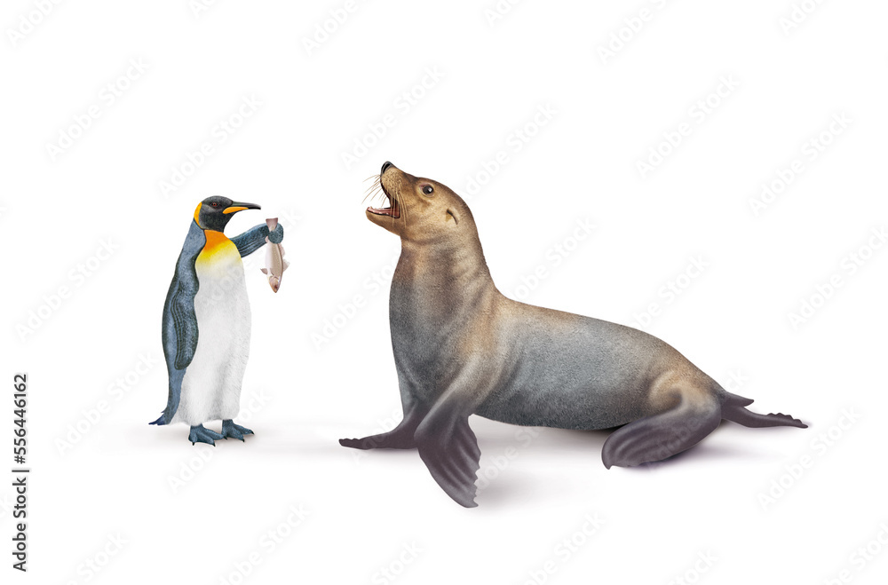 manchot empereur , donner, otarie, phoque, poisson, maigre dans la main ...