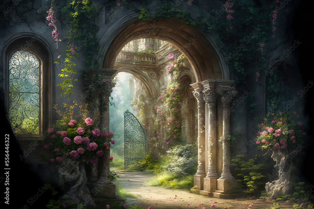 Generative AI : an ornate medieval rococo archway covered with flowers ...