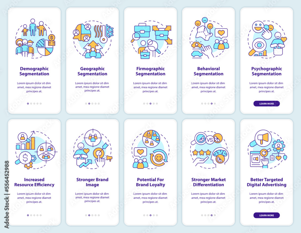 Market Segmentation Onboarding Mobile App Screen Set Walkthrough 5 Steps Editable Graphic