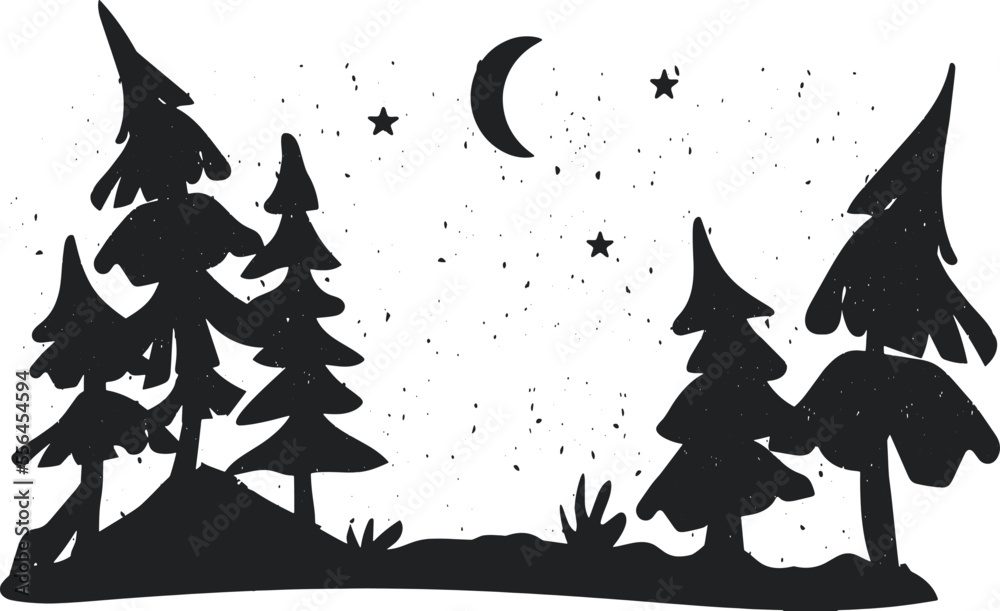 night forest vector silhouette. cartoon forest, stars, moon vector ...