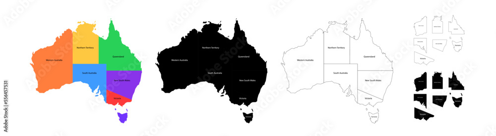 Australia map. Set from selected states. Silhouette, color and line ...