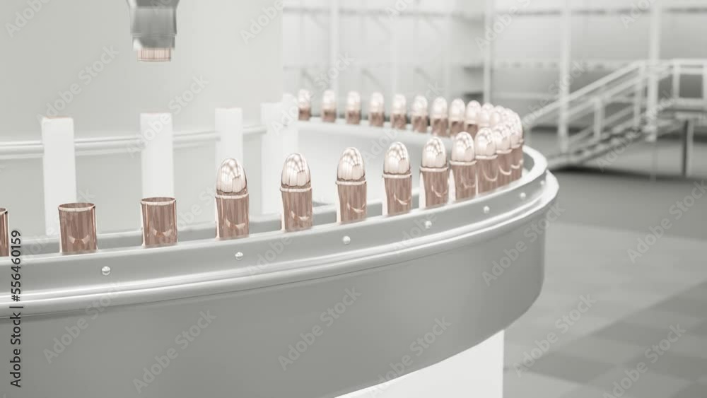 Cartridge factory for hand gun pistol or revolver. Conveyor line ...