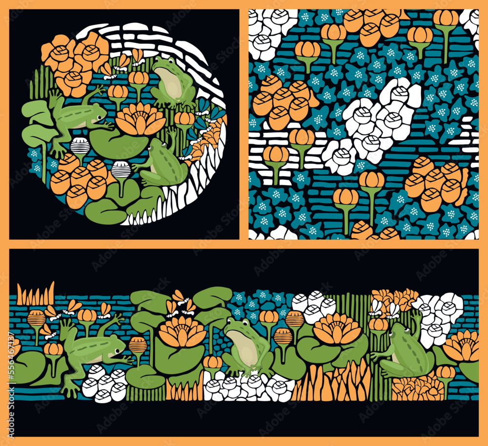 Frogs,lotus,water lilies,flowers and lake vegetation.Collection of ...