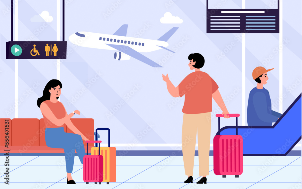 Passengers waiting to get on the plane with luggage. Interior of ...