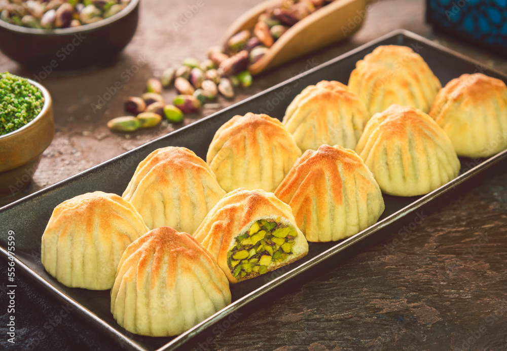 Arabic Cuisine; Middle Eastern traditional "Maamoul or Mamool Pistachio ...