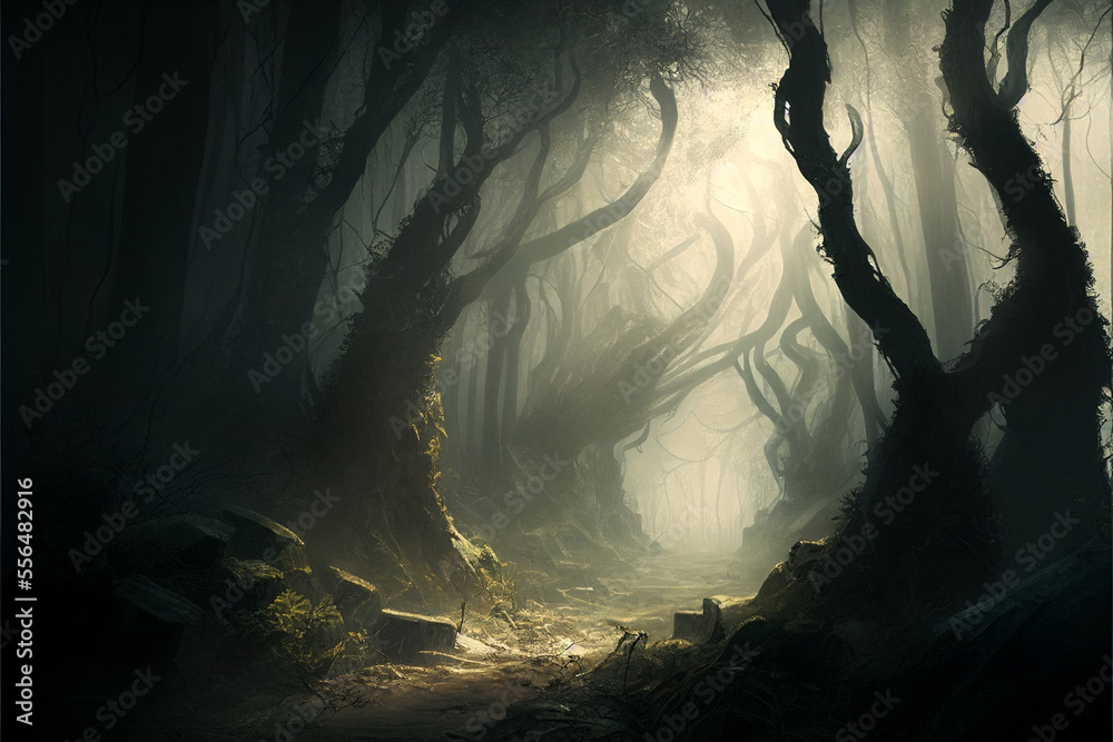Scary deep forest with fog and a path to light. Generative AI ...