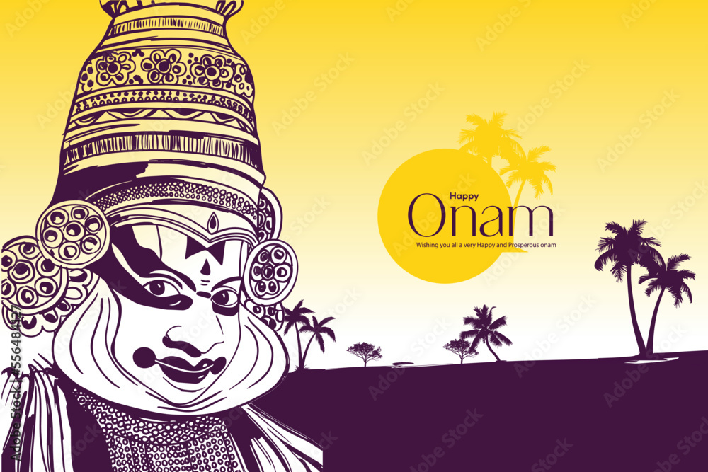 Onam festival vector kathakali vector art hand drawing south India ...