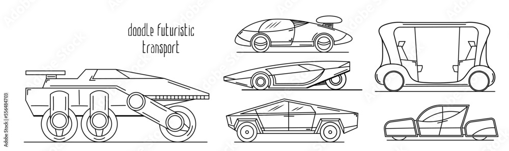 Vector black and white doodles. Set of various hand drawn futuristic ...