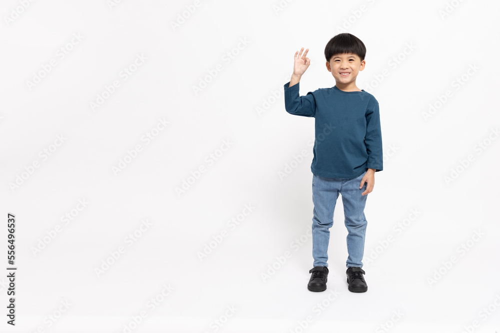 Happy Asian little boy showing ok sign isolated on white background ...