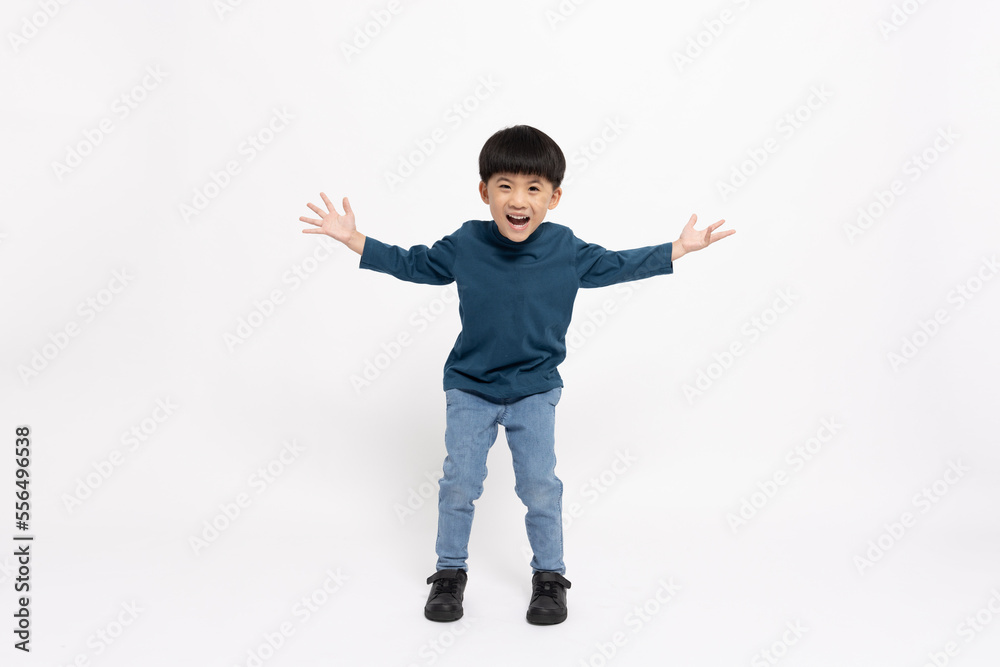 Happy Asian little boy open arms from happiness isolated on white ...