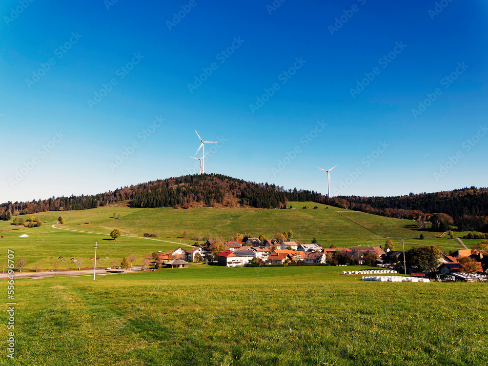 Gersbach and Black Forest landscapes in Germany. Wind turbines on top ...