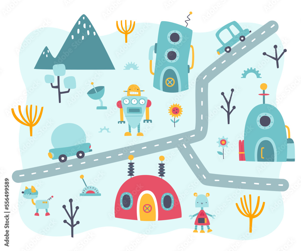 Robot city cute map for kids. Cartoon robo town map print for boys ...