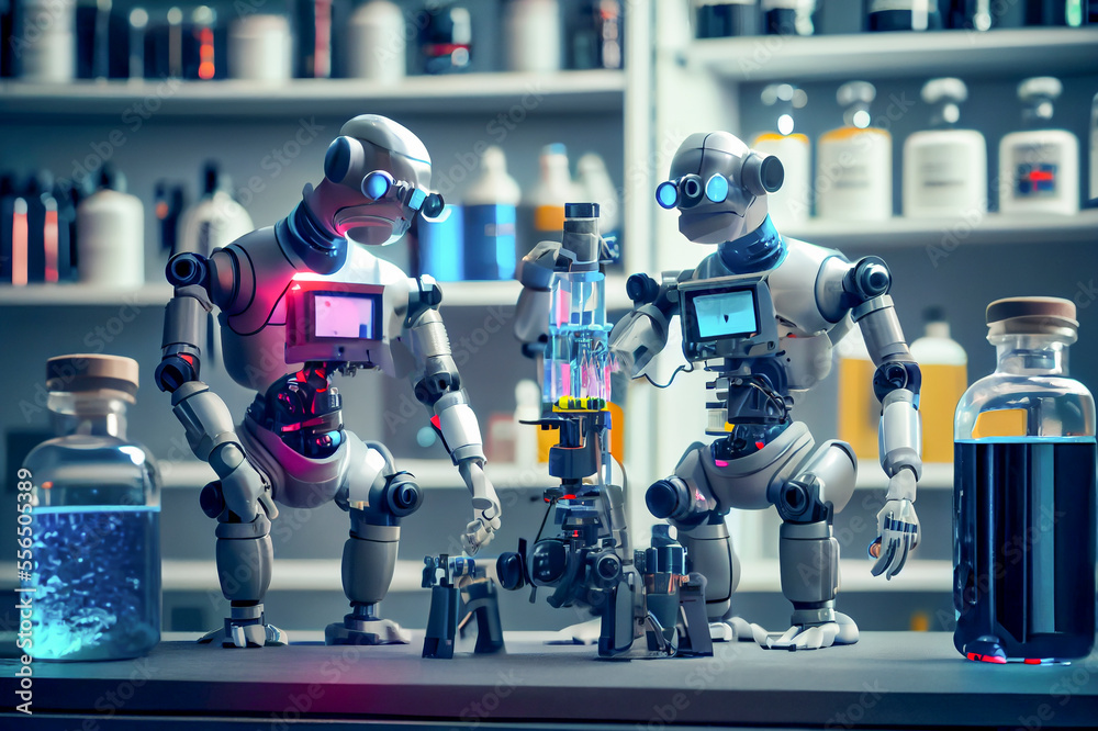 Humanoid robot working in research laboratory, conceptual ai ...