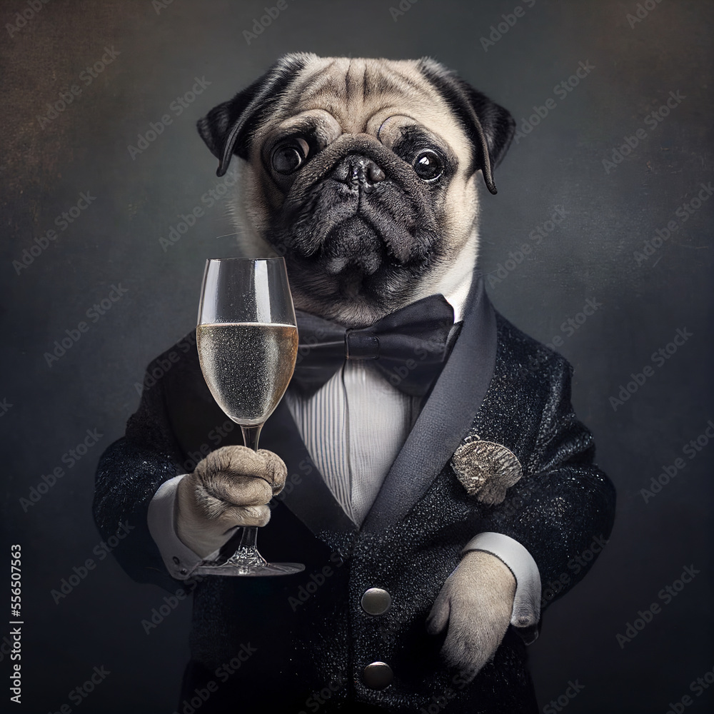 Dapper pug dog puppy wearing black tie suit and drinking sparkling wine ...