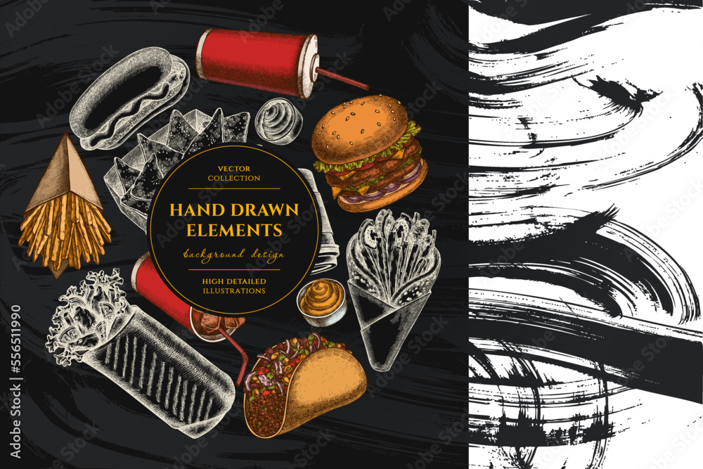 Street food circle design. Hand drawn sauces, nachos, soda, gyros ...